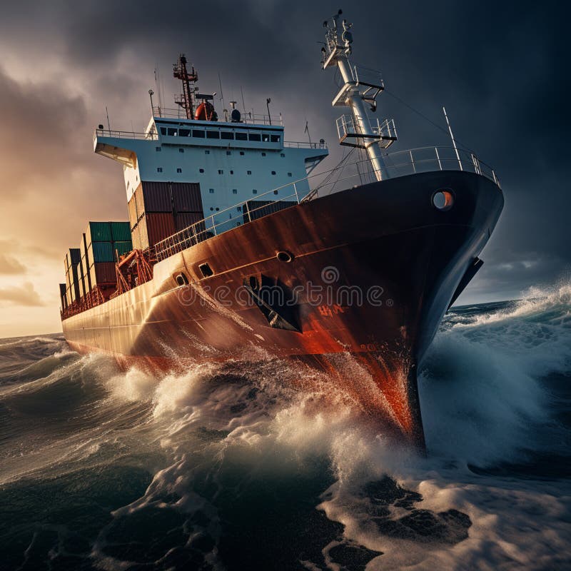 A Large Container Ship Battles through Rough Seas, Its Bow Plunging ...