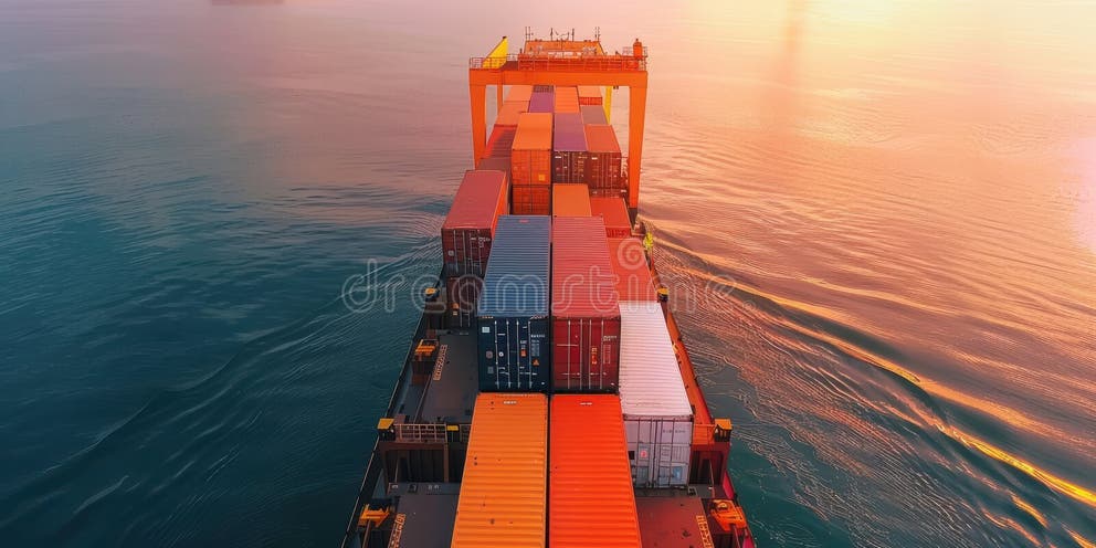 Large Container Ship with Cargo Containers at Sea during Sunset Stock ...