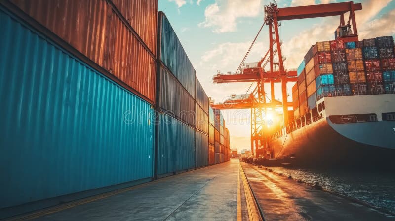 Container Ship Unloading Cargo at a Busy Dock with a Quay Crane during ...