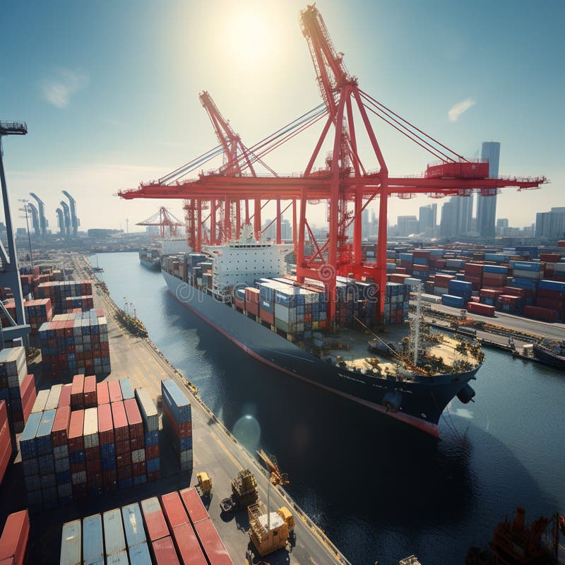 A Large Container Ship is Docked at a Busy Port, Surrounded by Cranes ...