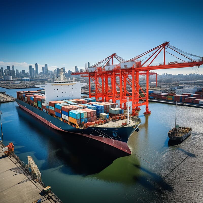 A Large Container Ship is Docked at a Busy Port, Surrounded by Cranes ...