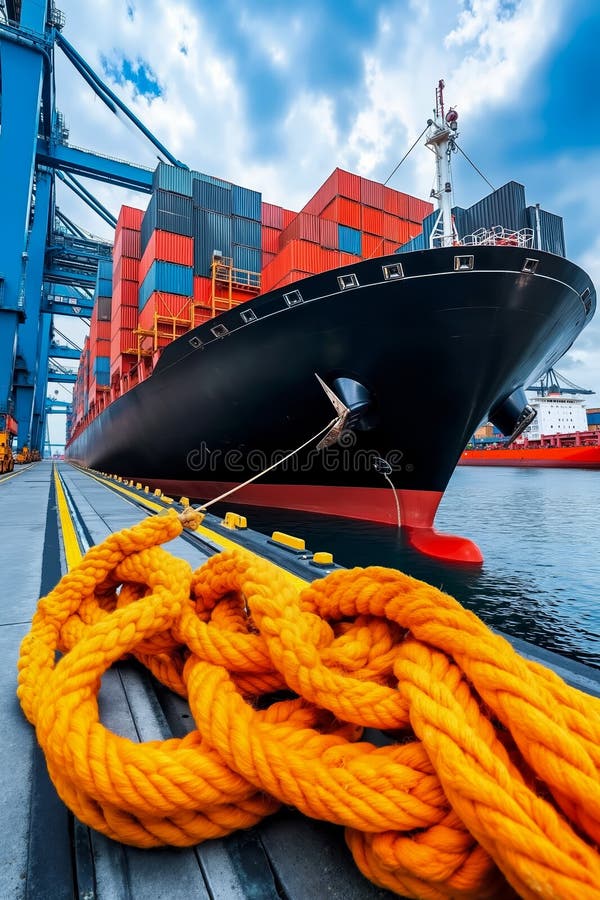 A Large Container Ship Docked at a Dock with a Yellow Rope Stock Image ...