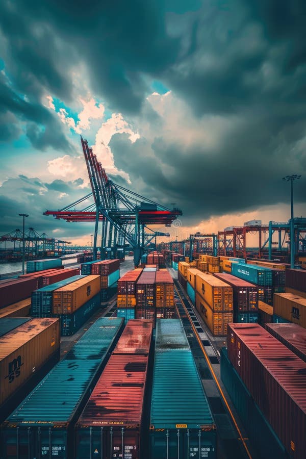 Large Container Ship Docked Port Cloudy Sky Background Stock Photos ...