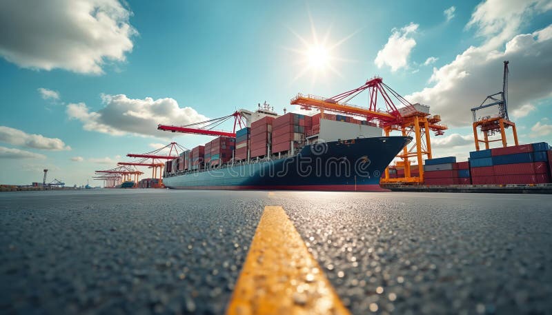 Large Container Ship Docked at Port Ready for Unloading. Cargo Cranes ...