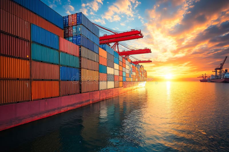 A Large Container Ship is Docked in the Water at Sunset Stock Image ...