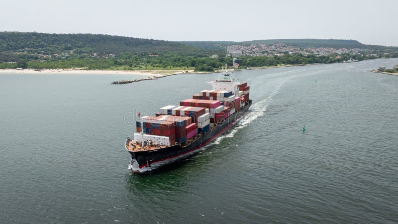 Large Container Ship Leaving Port. Aerial View of Cargo Container Ship ...