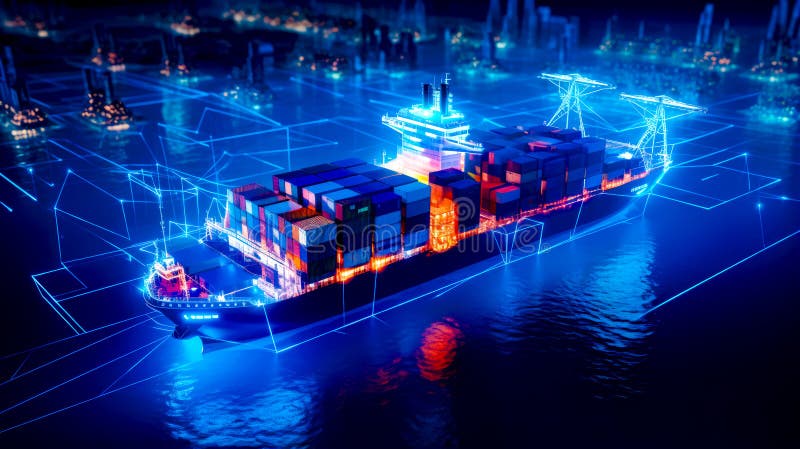 Large Container Ship with Lot of Lights on it S Side. Generative AI ...