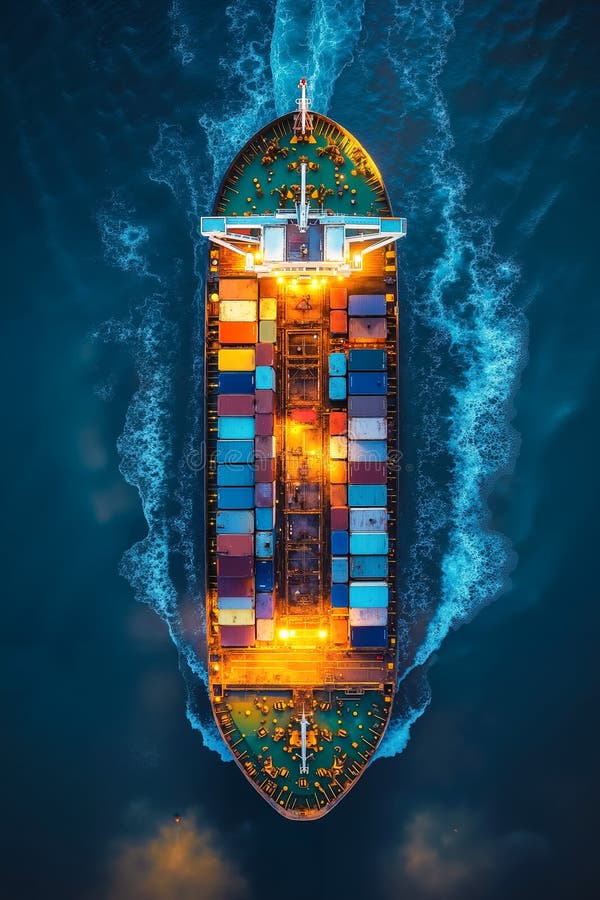 A Large Container Ship in the Middle of the Ocean at Night Stock Photo ...
