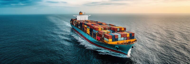Container Ship Navigates Calm Ocean Waters during Sunset Near Coastal ...