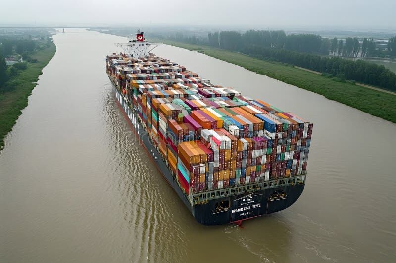 A Large Container Ship Moves Steadily Along a River, Densely Packed ...