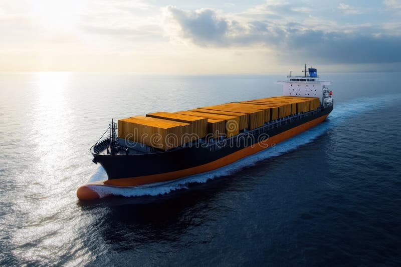 Container Ship Sailing on the Ocean during Sunset with Bright Orange ...