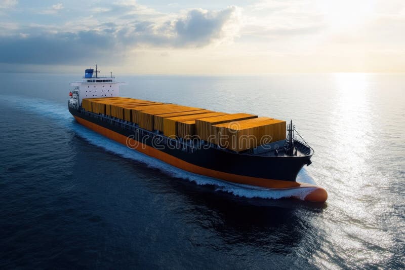 Container Ship Sailing on the Ocean during Sunset with Bright Orange ...