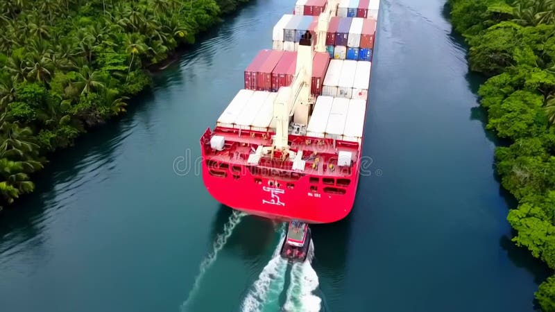 Large Container Ship Navigating Narrow Canal through Lush Tropical ...