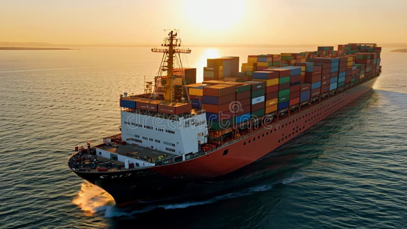 Large Container Ship Navigating through Open Sea Under a Golden Sky ...
