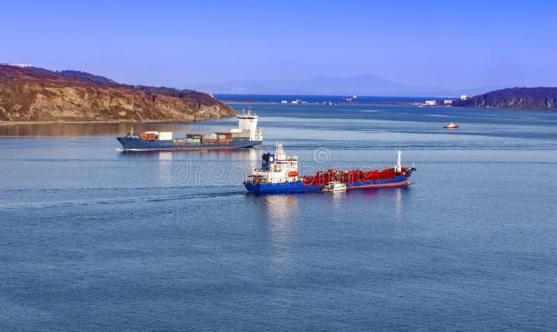 Large Container Ship and Reefer Ship at Blue Sea Stock Photo - Image of ...