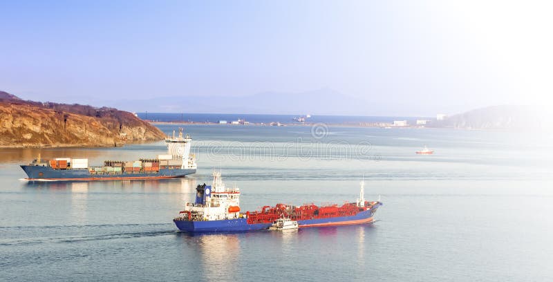 Selective Focus. the Large Container Ship and Reefer Ship at Blue Sea ...