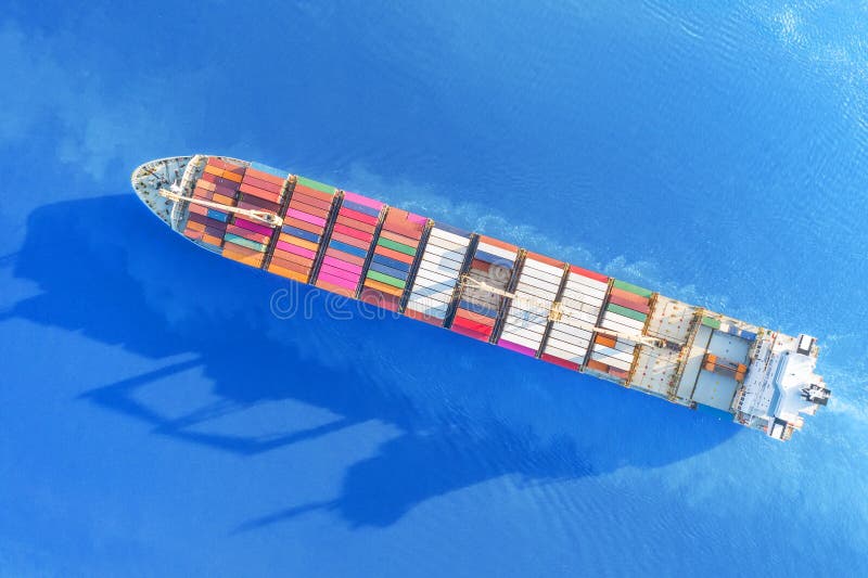 Large Container Ship Sailing Blue Sea. Top Aerial View Stock Image ...