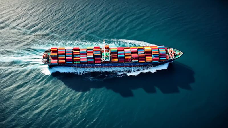 Large Container Ship Sailing through Deep Blue Water, Foamy Wake Stock ...