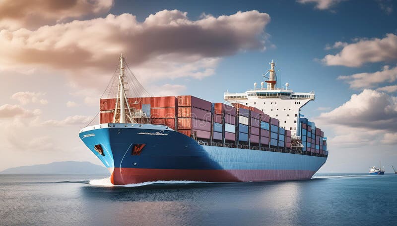 Large Container Ship Sailing on the Ocean with a Smaller Vessel in the ...