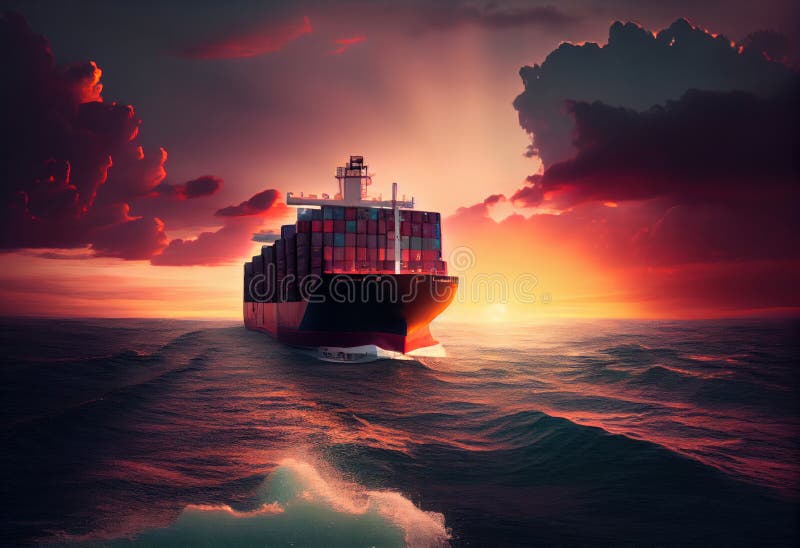 Large Container Ship, Sailing at Sunset. Gernerative AI. Stock ...