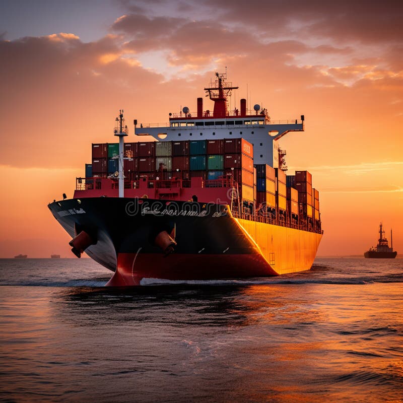 A Large Container Ship Sails Across the Ocean, Illuminated by the ...