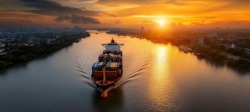 A Large Container Ship Sails Down a River at Sunset, Passing a ...
