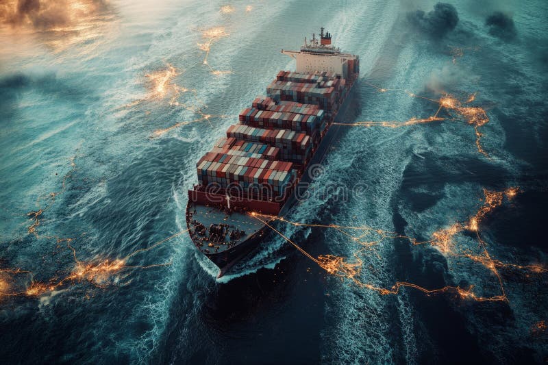 A Large Container Ship Sails through a Dynamic Ocean Scene. Cargo is ...