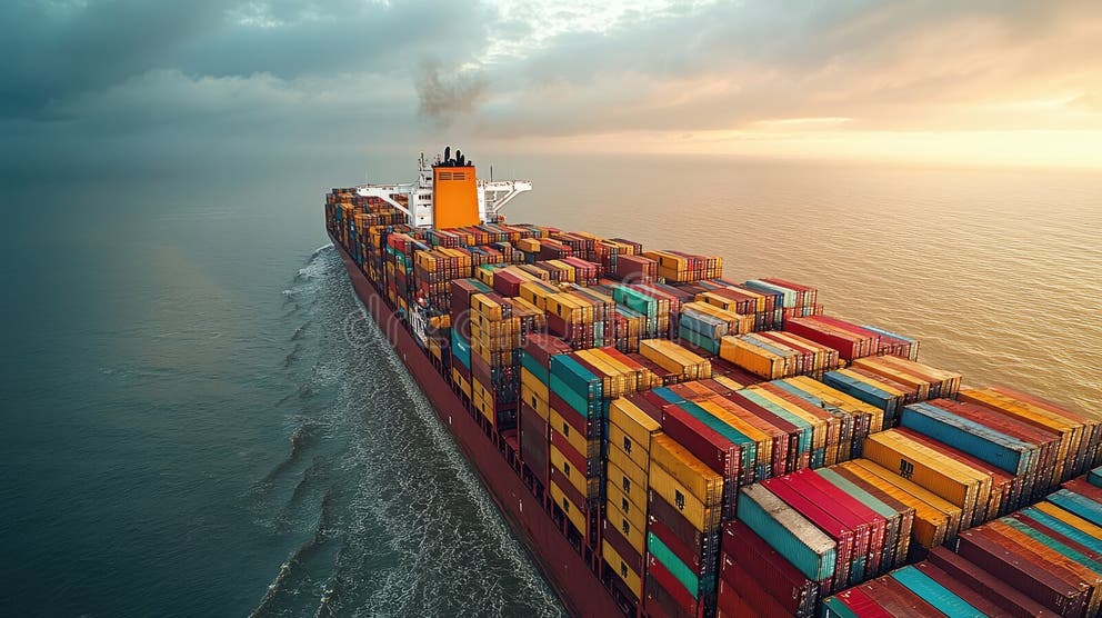 A Large Container Ship Sails through the Ocean at Sunset with a ...