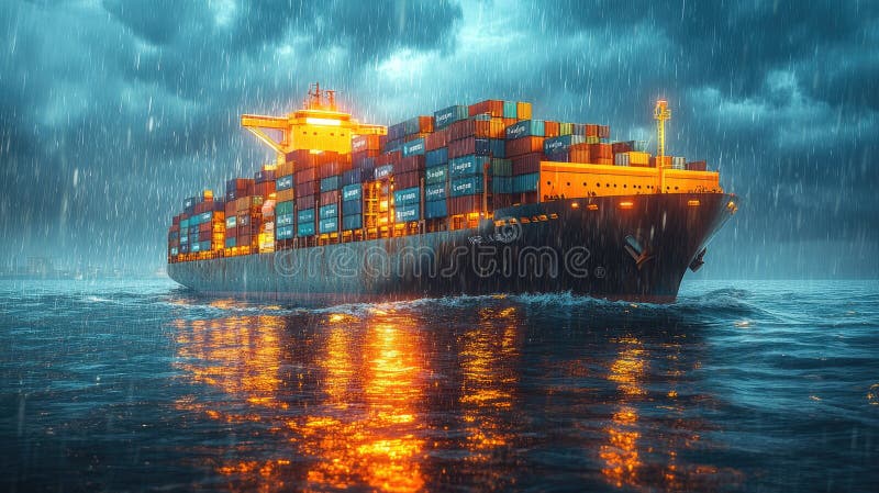 A Large Container Ship Sails through a Stormy Sea at Night, Illuminated ...