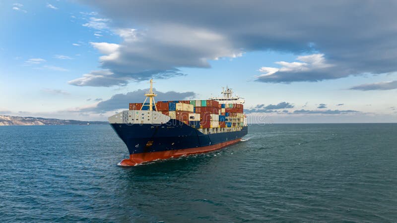 Large Container Ship at Sea. Aerial View of Cargo Container Ship Vessel ...