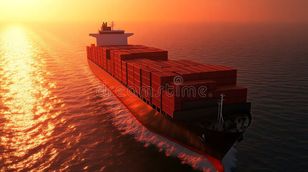 Large Container Ship at Sunset on the Ocean Stock Illustration ...