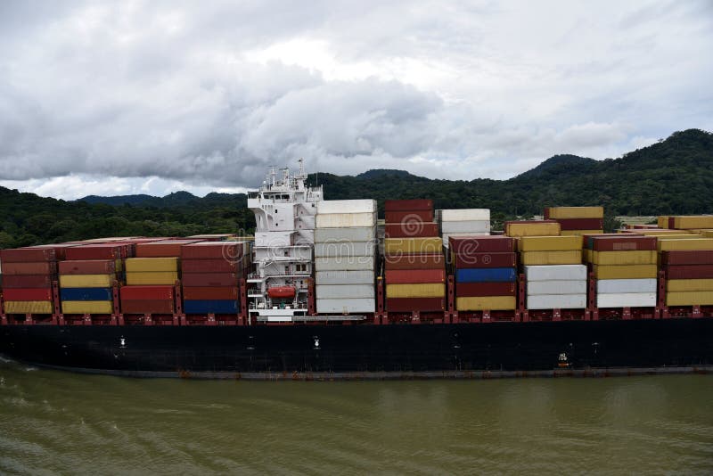 Large Container Ship Transiting Panama Canal. Stock Image - Image of ...