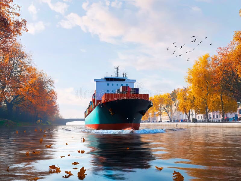 A Large Container Ship Traveling Down a River Surrounded by Trees Stock ...