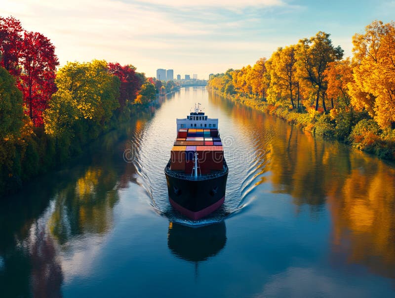 A Large Container Ship Traveling Down a River Surrounded by Trees Stock ...