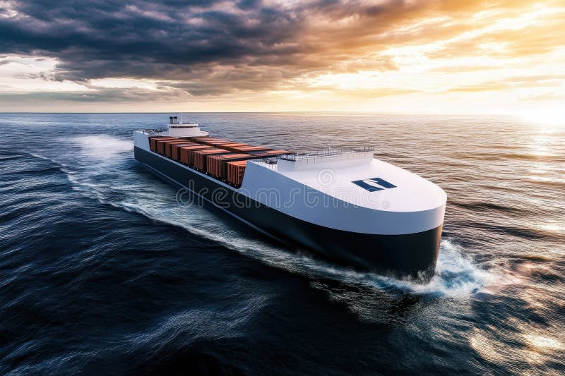 Container Ship Navigates through Open Waters during Sunset Over Blue ...