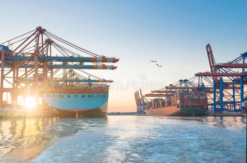 Large Container Ships in Harbor at Sunset Stock Photo - Image of ...