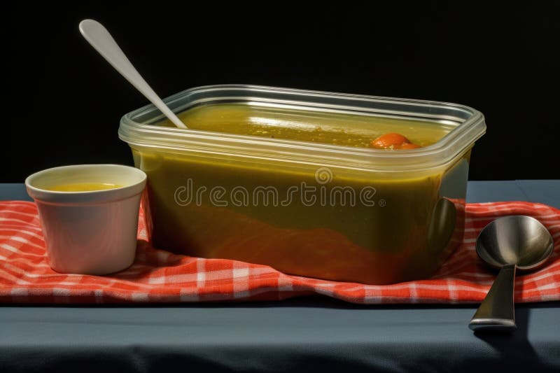A Large Container with Unfinished Soup and a Serving Spoon Stock Image ...