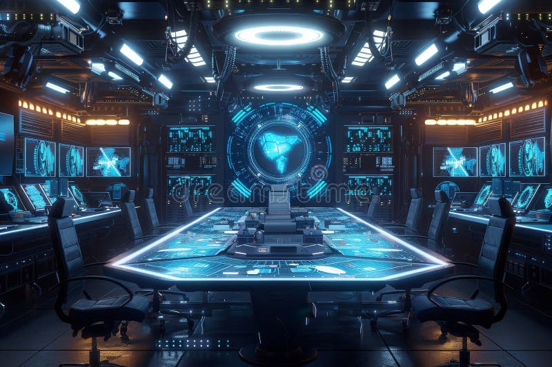 A Large Control Room Room with a Blue Ceiling and a Large Screen on the ...