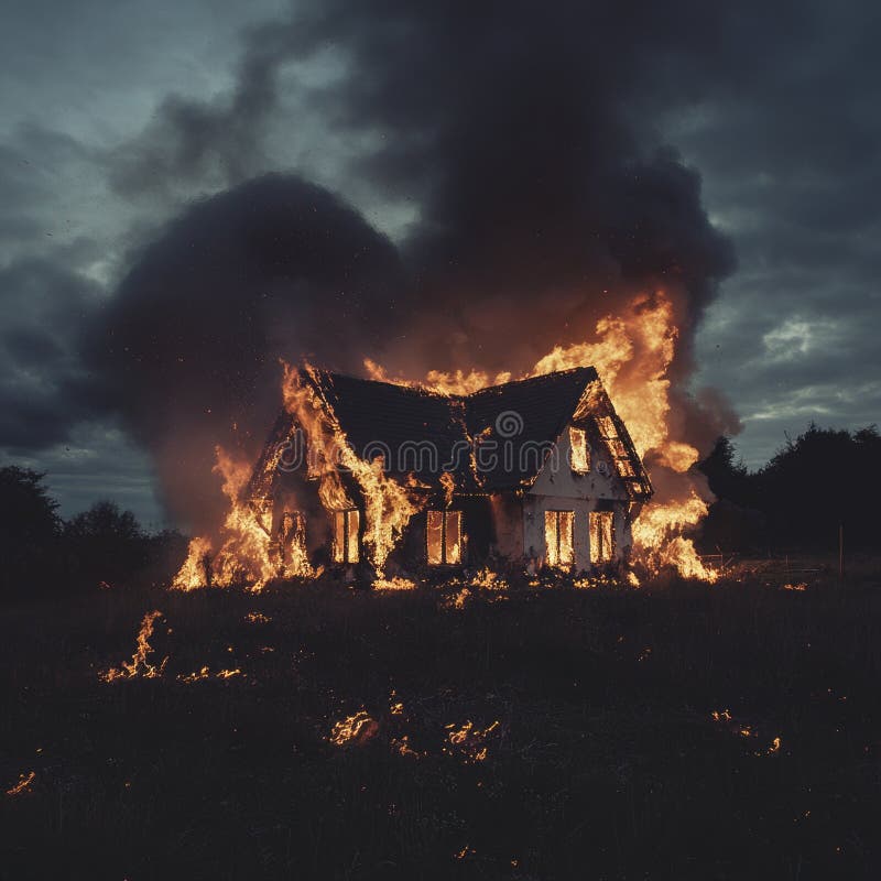 A Large Cottage on Fire, Flames Bursting through the Windows Stock ...
