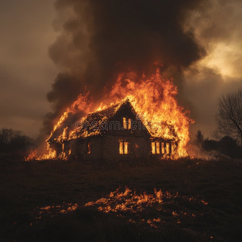 A Large Cottage on Fire, Flames Bursting through the Windows Stock ...
