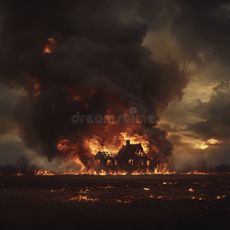 A Large Cottage on Fire, Flames Bursting through the Windows Stock ...