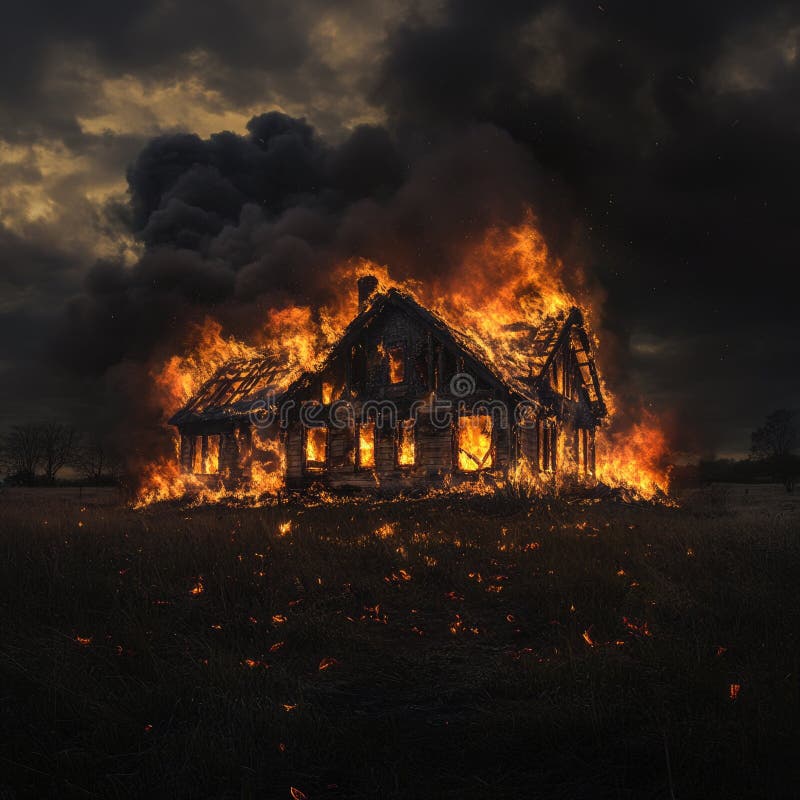 A Large Cottage on Fire, Flames Bursting through the Windows Stock ...