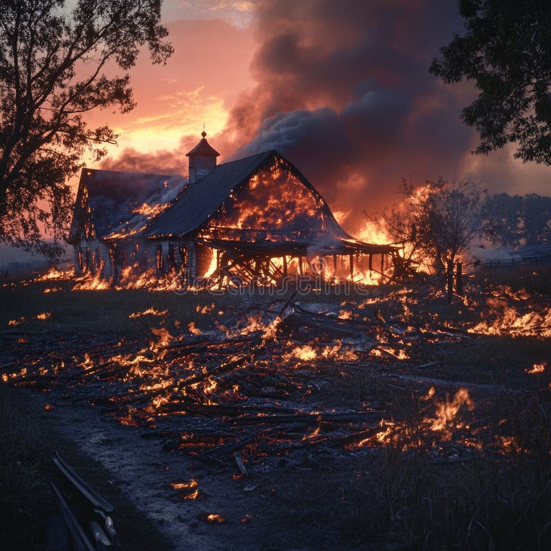 A Large Cottage on Fire, Flames Bursting through the Windows Stock ...