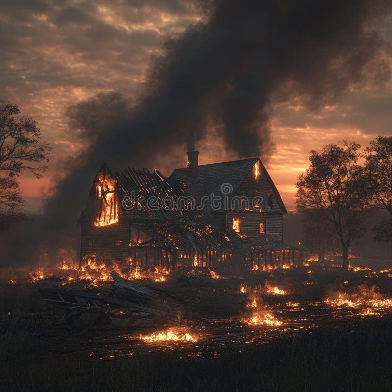 A Large Cottage on Fire, Flames Bursting through the Windows Stock ...