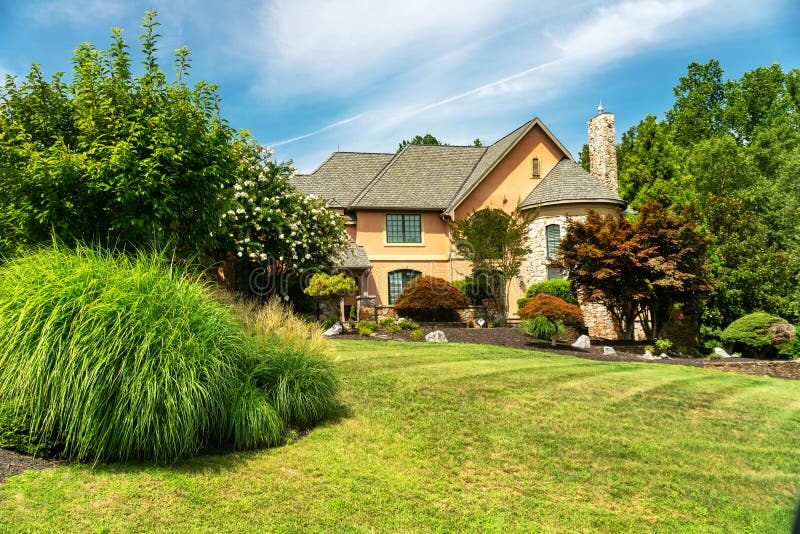Large Country Brick House with Landscaping Stock Image - Image of ...