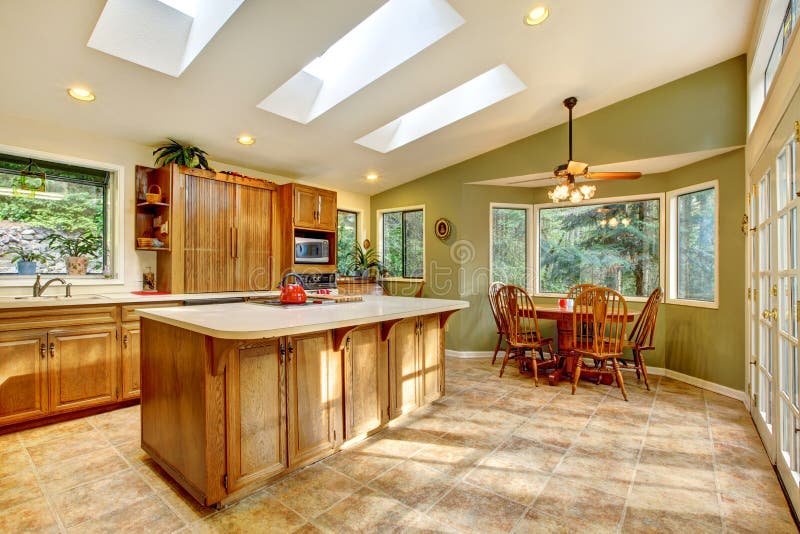 Large Country Kitchen with Skylights. Stock Photo - Image of large ...