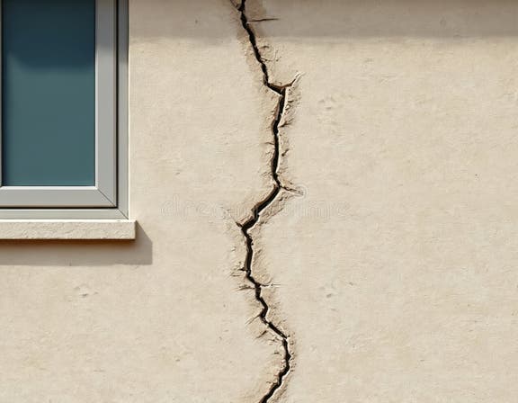 Large Crack Runs Vertically on Beige House Wall. Window on Left Side of ...