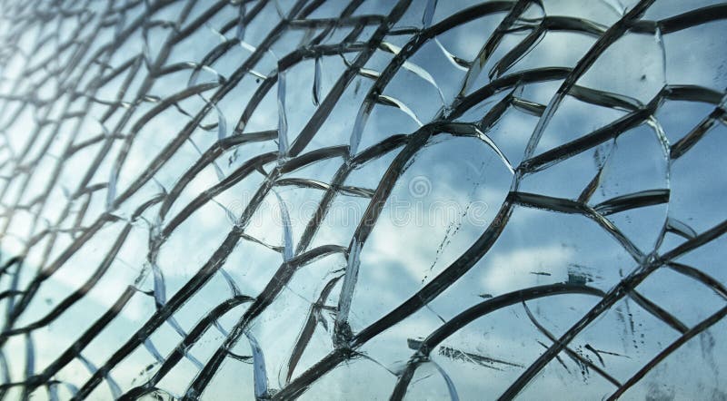 Large Shattered Tempered Glass Window Pane. Cracked Glass Texture Close ...