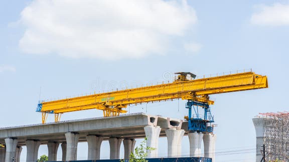 Large Crane on Elevated Bridge Construction Site, Heavy Lifting ...