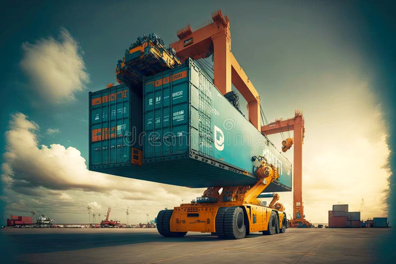 Large Crane Loader Working and Delivering Container To Cargo Port Stock ...